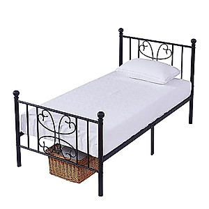 VECELO Twin Metal Platform Bed Frame Mattress Foundation with Iron-Art Headboard and Footboard, No Box Spring Needed, Noise-Free, Easy Assembly, Under Bed Storage