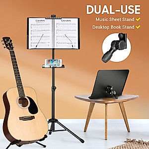 CAHAYA Dual Use Sheet Music Stand with Clamp-on Tray & Desktop Book Stand with Carrying Bag, Sheet Music Folder, Music Stand with Shelf, and Clip for Guitar, Ukulele, Violin Players CY0194+CY0320