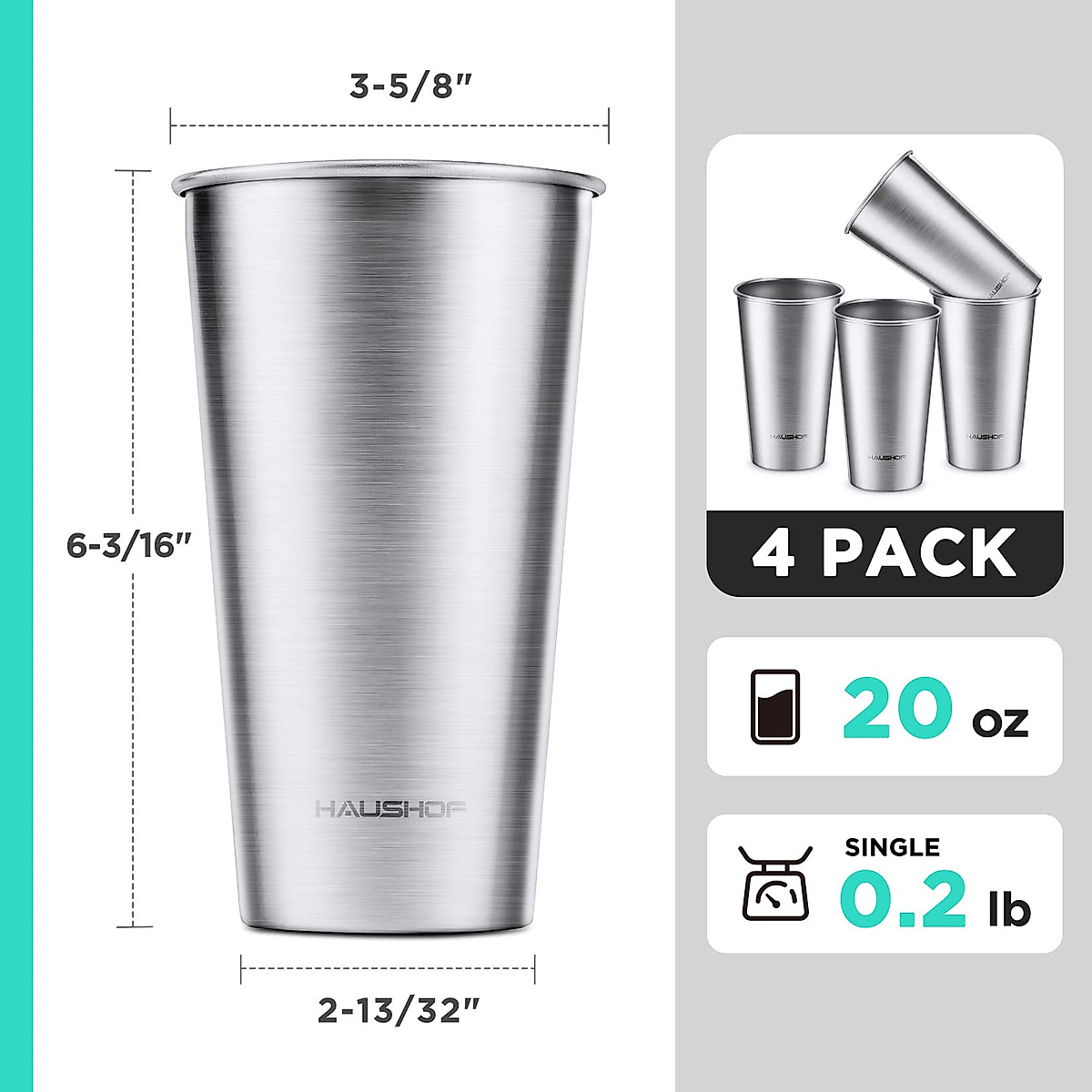 HAUSHOF Pint Cup, 20 oz Stainless Steel Cups, Stackable Metal Drinking Cups, Stacking Beer Pint Cups for Home, Party, Camping, Outdoor, Unbreakable, 4 Pack
