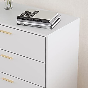ECACAD Modern Dresser with 5 Drawers, Wood Dresser Storage Chest with Gold Metal Legs for Bedroom, Living Room, White (27.4”L x 15.6”W x 44.9”H)