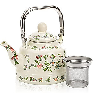 Jucoan 1.8 Quart Enamel Tea Kettle, Vintage Green Floral Enamel on Steel Teapot Water Kettle with Filter and Cool Grip Stainless Steel Handle for Stovetop Induction Gas, No Whistling Teakettle