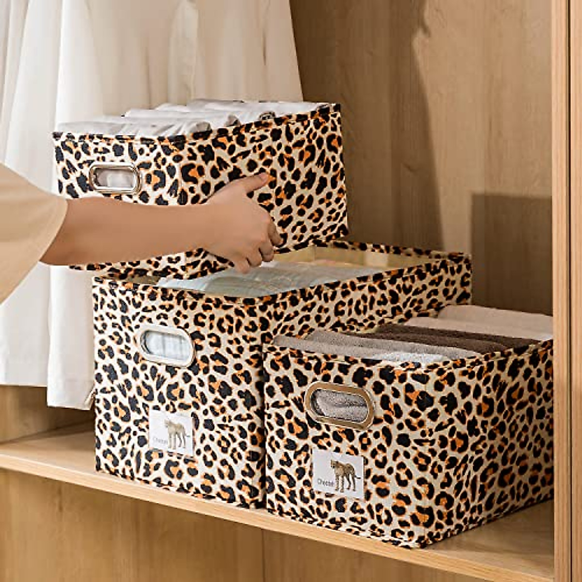 PRANDOM Collapsible Storage Baskets for Closet [3-pack] Decorative Linen Fabric Storage Bins Cubes with Metal Handles for Shelves Bedroom Living Room Leopard print (11.5x8.5x6.7 Inch)