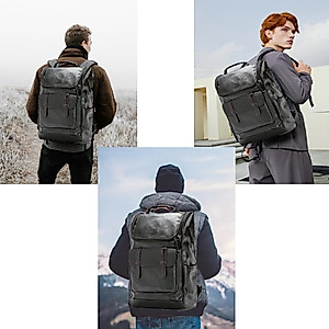 CHAO RAN Vintage Leather Backpack For Men Business Laptop Backpack With Charge Port Black Waterproof College School Bag