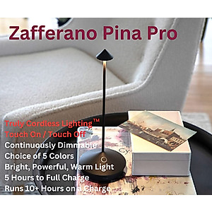 Zafferano Pina Pro Cordless LED Table Lamp (Black) Powder-Coated Aluminum, Touch Dimmable, Indoor Outdoor, Contact Charging Base, USA Plug, 11.4” 29cm