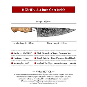 HEZHEN Chef's Knife-Professional-8.3 inch Damascus Steel, Kitchen Knife VG10 Gyuto Knife-Master Series Chef Cooking Tool at Home,Restaurant-Figured Sycamore Wood Handle