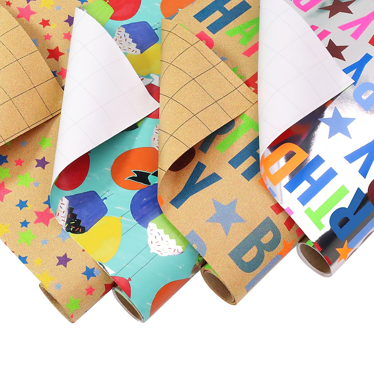 BIOBROWN Kraft Birthday Wrapping Paper - 17 Inch X 10 Feet (4 Rolls: 56.6 sq. ft. ttl.) Cupcake & Star Design Perfect for Party, Holiday, Baby Shower