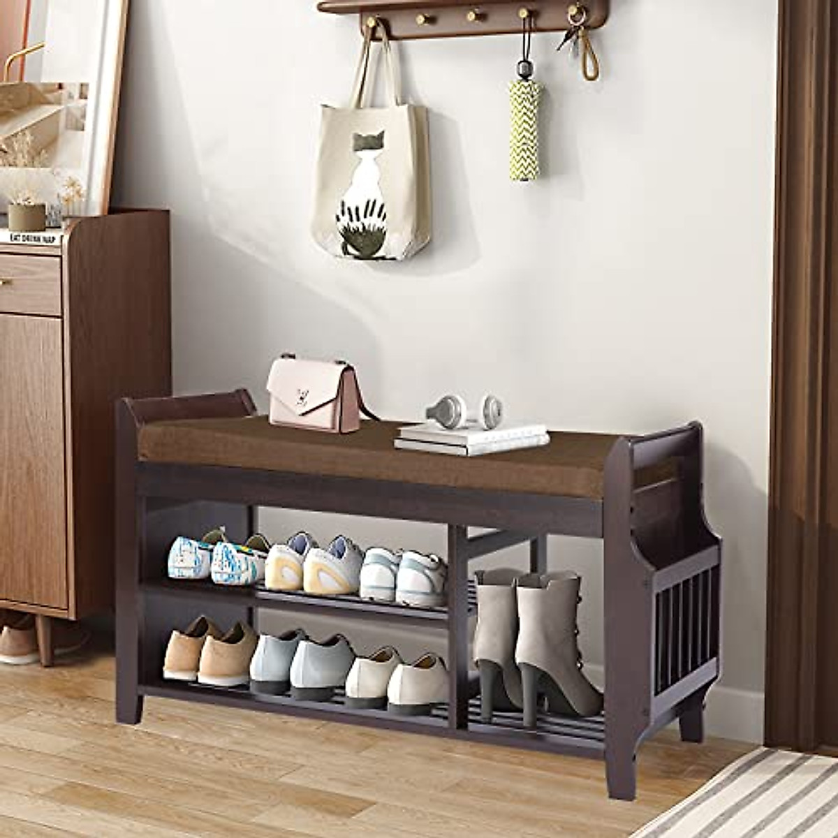 Bamboo Shoe Bench Entryway with Storage,FURFIMU Entryway Bench, Bench with Storage Basket,Bamboo Bench Removable Brown Cushion,2-Tier Entryway Shoe Storage with Umbrella Stand,Living Room or Hallway-L