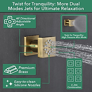 VANFOXLE Shower Faucet Set Brushed Gold Shower System with 6 PCS Body Jets(2 Inch),Push Button Diverter Shower Fixtures with 2 in 1 Handheld,10 Inch Shower Head(Rough-in Valve Body and Trim Included)