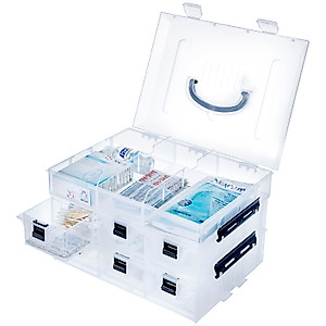 MyGift 11 Inch Clear Plastic Storage Box Container, Arts and Crafts Sewing Supplies Organizer Case with Black Accents, 24 Customizable Compartments, and 6 Drawers with Removable Dividers