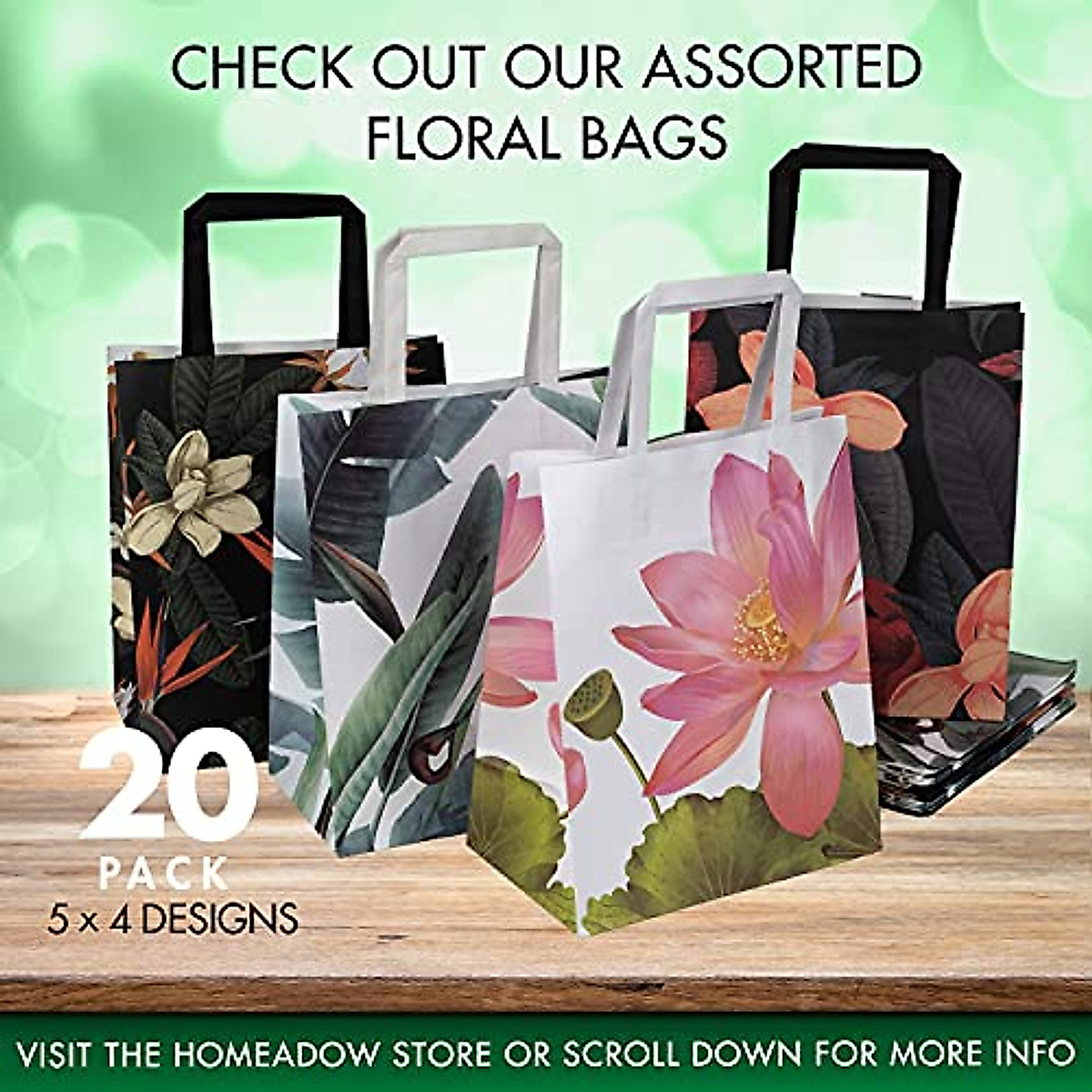 Homeadow Bags - 4 Pcs Assorted Gift Bags, Medium Size (9"x7") - Assorted with 4 Different Designs, Laminated Cardboard, Gold Foil, includes 8 tissue papers - Golden Blossom