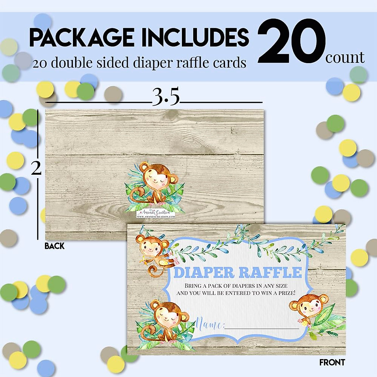 Amanda Creation Watercolor Jungle Monkeys Diaper Raffle Tickets for Baby Boy Showers, 20 2" X 3” Double Sided Insert Cards for Games, Bring a Pack of Diapers to Win Favors & Prizes!