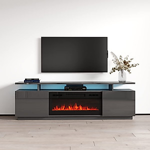 Eva-KBL Fireplace TV Stand for TVs up to 80", Modern High Gloss 71" Entertainment Center, Electric Fireplace TV Media Console with Storage Cabinets and LED Lights