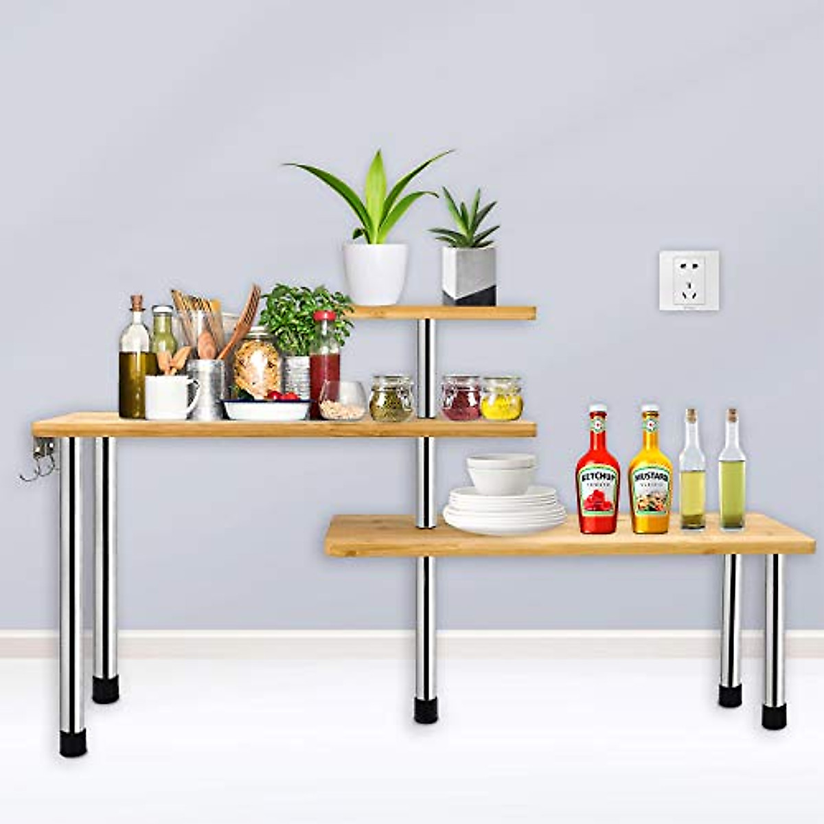 Jolitac 3 Tier Corner Shelf - Desktop Spice Storage Rack, Space Saving Organizer Bamboo Corner Bookshelf, Adjustable Display Shelves for Kitchen, Home, Office (with Hooks)