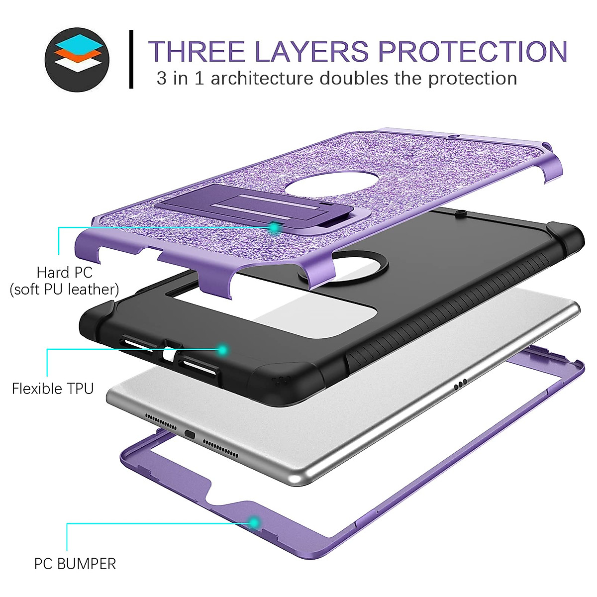 BENTOBEN for iPad 9th Generation Case with Kickstand, iPad 8th / 7th Generation Case Glitter Sparkly 3 Layers Shockproof Full Body Protective Girls Tablet Cover for iPad 10.2" 2021/2020/2019,Purple