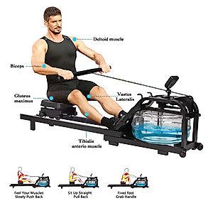LUCKYERMORE Water Rowing Machine with LCD Monitor for Home/Gym, 265 Lbs Weight Capacity, Adjustable, Space Saving, Mobile, Double Track Indoor Rower Fitness, Black
