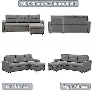 INSTORY Linen Sofa Bed Convertible Sectional Sofa Reversible Pull Out Couch Bed L-Shaped Sleeper Sofabed with Storage Chaise for Living Room