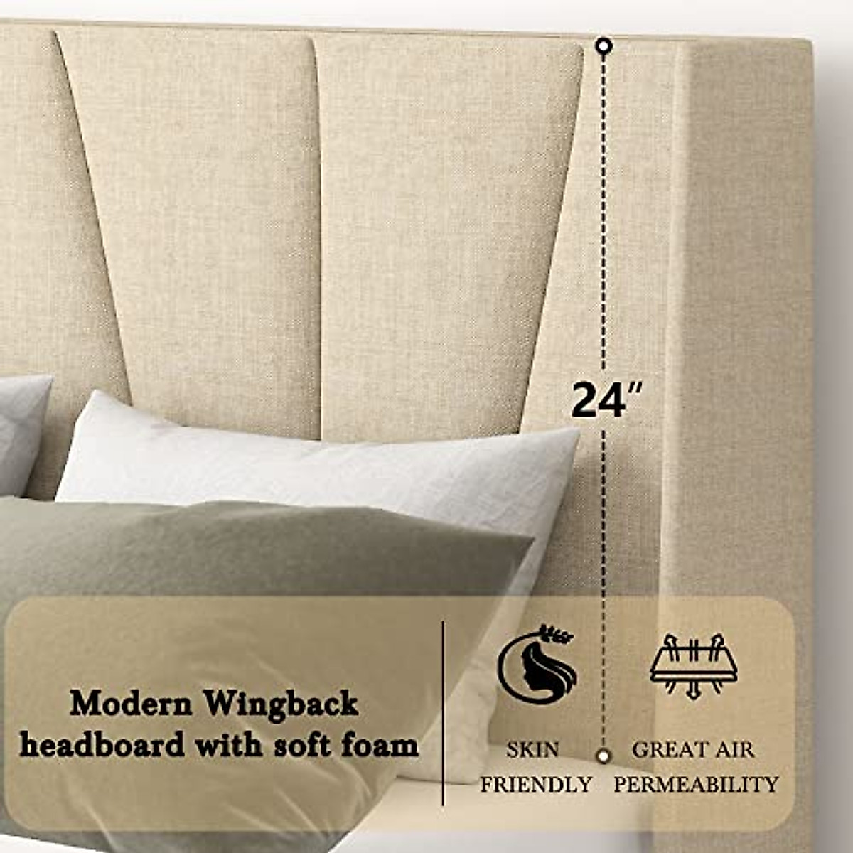 HOOMIC Queen Size Bed Frame with Geometric Wingback Headboard, Wooden Slats Support, No Box Spring Needed, Modern Style, Beige