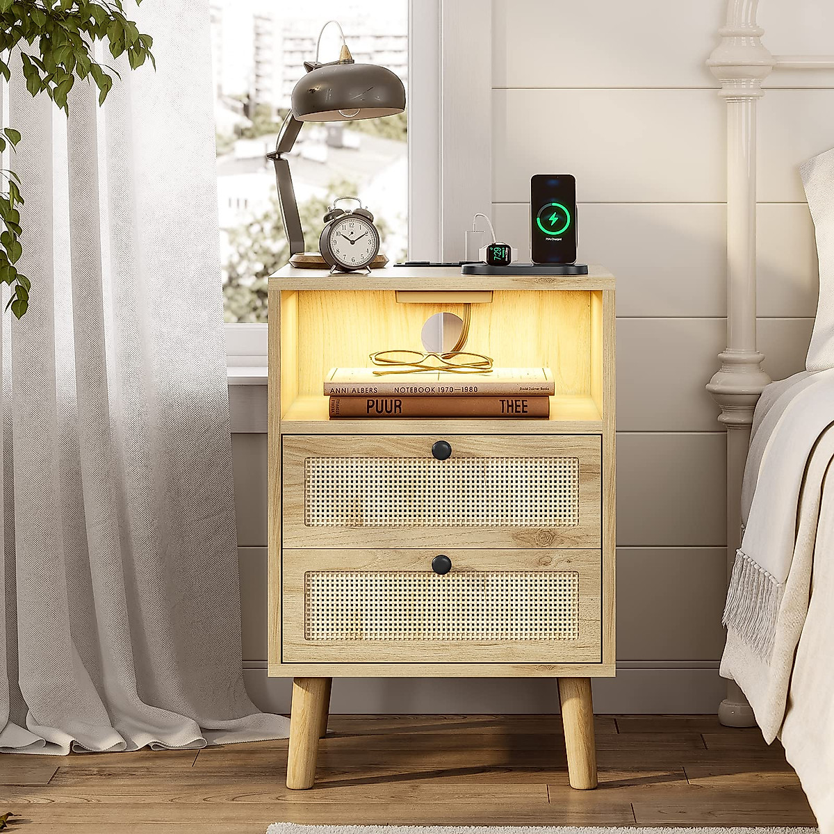 AOGLLATI Rattan Nightstands Set of 2 with Charging Station and LED Lights, Bed Side Tables with 2 Drawers and Open Storage, End Tables, Wood Night Stands for Bedroom, Natural