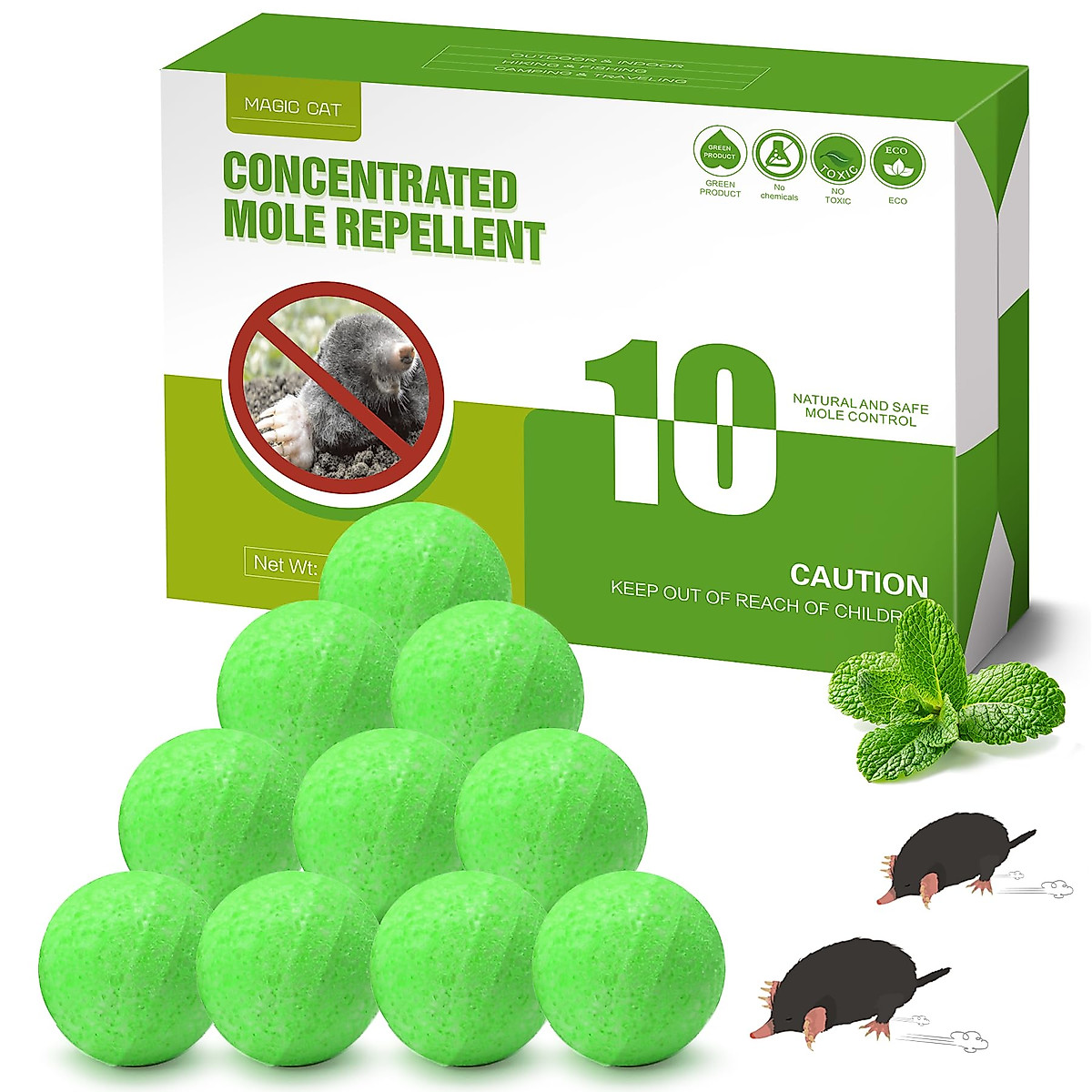MAGIC CAT Mole Repellent for Lawns, 10 Pack Natural Castor Oil Vole Repellent Outdoor Pet Plant Safe, Gopher Repellent Mole Deterrent to Keep Mole Vole Groundhog Out of Your Lawn Yard Garden