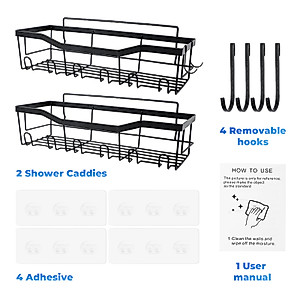 Sevlaz Shower Caddy Hanging, Adhesive Bathroom Organizers and Storage for Inside Shower, Black Rustproof Large Capacity Shower Shelves for Bathroom & Apartment