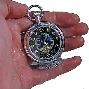 OGLE Waterproof Distorting Mirror Tourbillon Phases Sun Moon Chain Fob Skeleton Automatic Mechanical Pocket Watch (Silver Black)