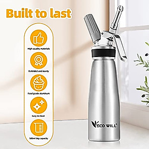 ECO-WILL Professional Whipped Cream Dispenser, Durable Aluminum Cream Whipper with 2 Sets of Stainless Steel and Plastic Tips & Cleaning Brush,1-Pint / 500 mL, Homemade Cream Maker