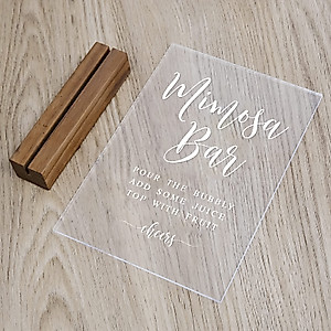 Acrylic Mimosa Bar Sign with Wood Stand- 5” x 7" Glass Look Clear Acrylic Wedding Signage Mimosa Bar with Holder for Wedding Reception & Event Party