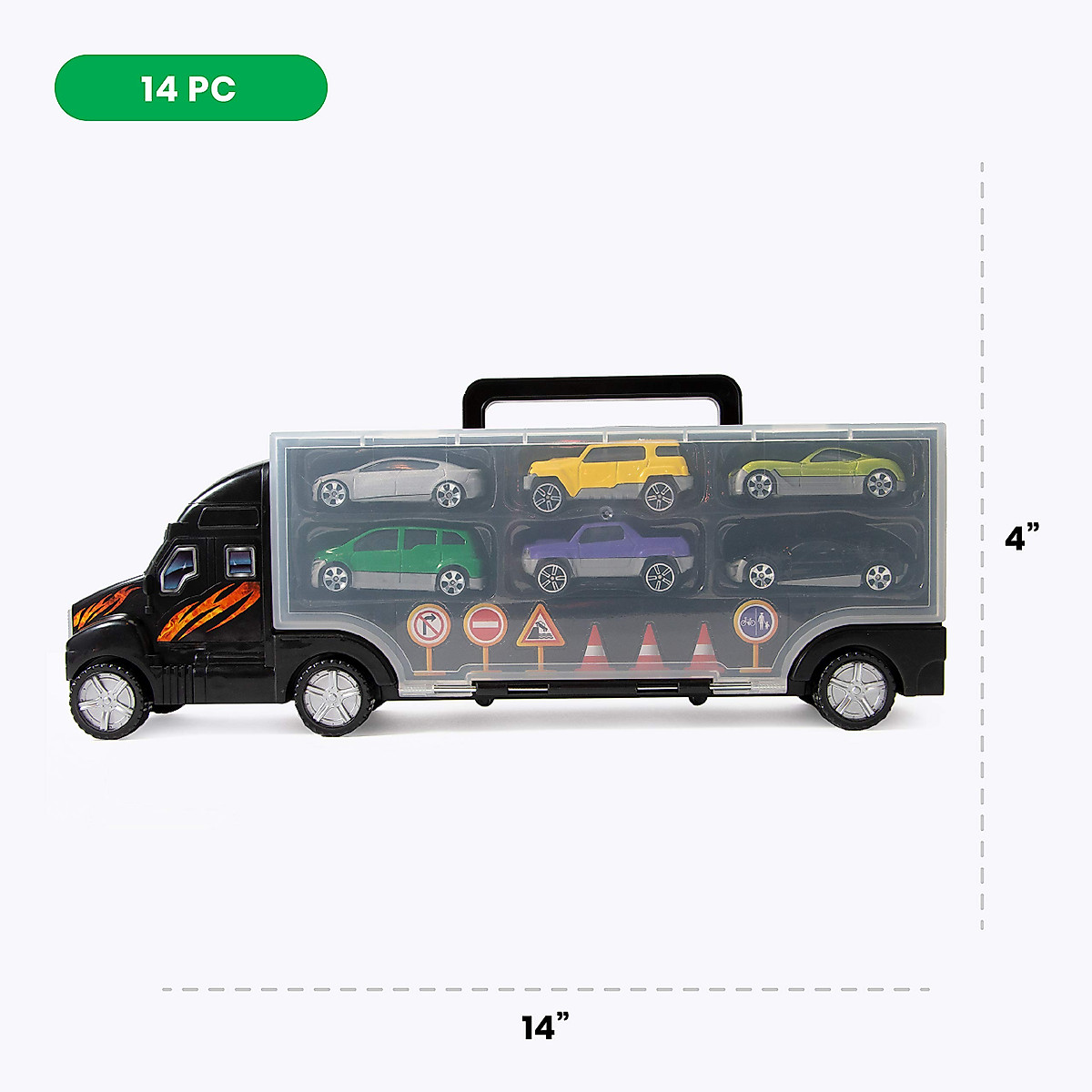 Boley Die Cast Car Truck Carrier - 14 Piece Toy Trucks, Cars, and Traffic Signs Playset for Kids and Toddler Boys and Girls Ages 3 and Up