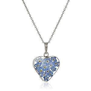 Amazon Essentials Sterling Silver Blue Pressed Flower Heart Pendant Necklace, 16' (previously Amazon Collection)