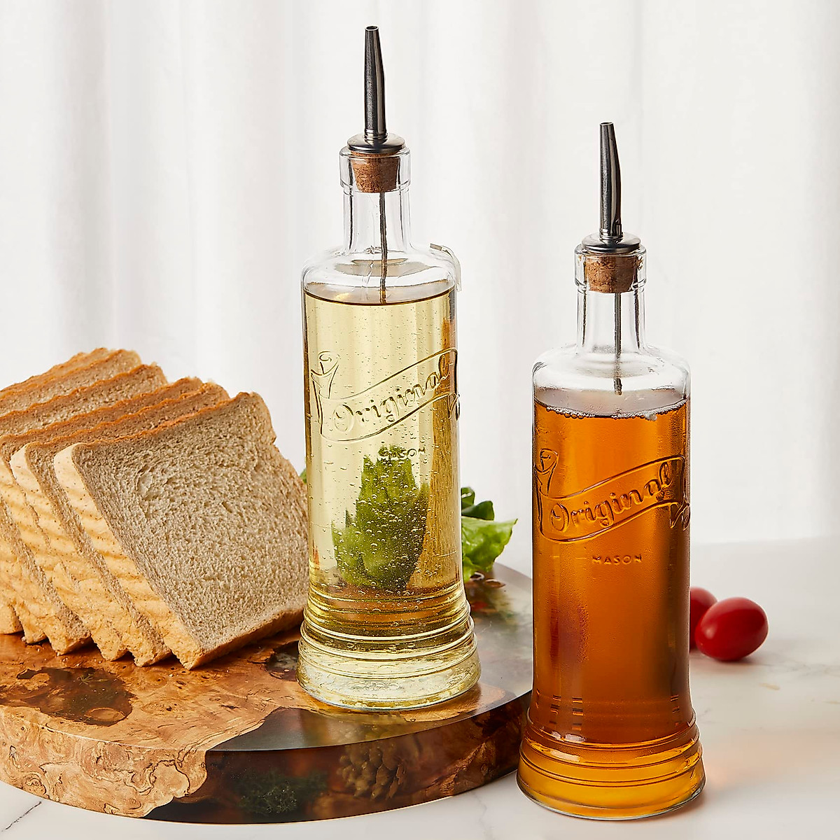 Mason Jar Oil and Vinegar Cruet Bottles - Set of 2-16.9oz - Authentic Original Olive Oil Glass Dispenser Set, Leak Free, Strong Stainless Steel Top with Weighted Pourer & Cork Base, Farmhouse Décor