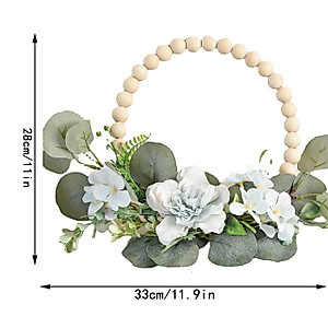 Artificial Flower Wreath,Wood Beads Camellia Wreath, Indoor/Outdoor Farmhouse Wreaths for Front Door Decor