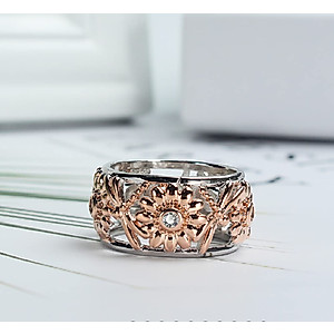 ZDIFDIC Elegant Rose Gold Silver Ring Sunflower Dragonfly Daisy Hollow Two-Tone Shiny Cubic Zirconia Sun Flower Ring Women Wedding Engagement Jewelry Gift Comfort Band (9#)