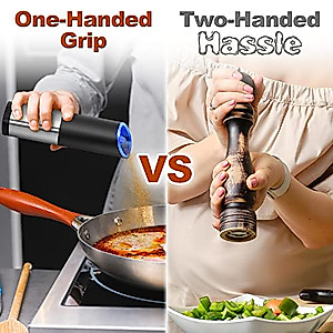 Mata1 Electric Spice Grinder (Black & Silver), Automatic Gravity Salt & Pepper Mill, Refillable w/Adjustable Coarseness, Stainless Steel Battery Operated Electronic Seasoning Grinder