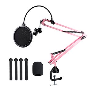 Microphone Stand, Cicano Mic Boom Arm Suspension Scissor with Shock Mount, Mic Clip Holder Upgraded Desk Clamp for Blue Yeti Snowball Ice and Other Mics Pink