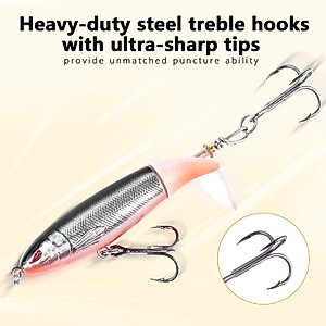 6Pcs Bass Fishing Lures, Whopper Popper Lure, Floating Surface Hard Swimbait with Rotating Tails, Lifelike Spinner Action Lures with Heavy Duty Hooks