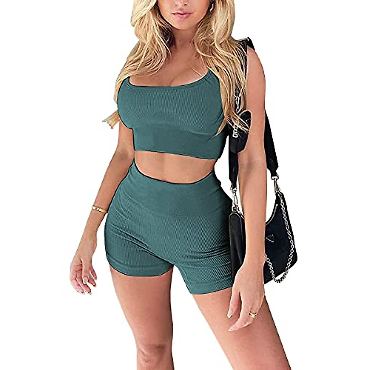 WANLISS Summer Workout Sets for Women 2 Piece Seamless Ribbed Crop Tank High Waist Shorts Casual Yoga Outfits
