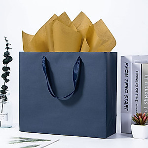 Umoofine Large Navy Blue Gift Bag with Ribbon Handles 12 Pack, 12.6x4.5x11 inches Extra Large Navy Gift Bag , Reusable Heavy Duty Kraft Navy Blue Kraft Bag Paper Bags Bulk for Shopping, Gift, Retail
