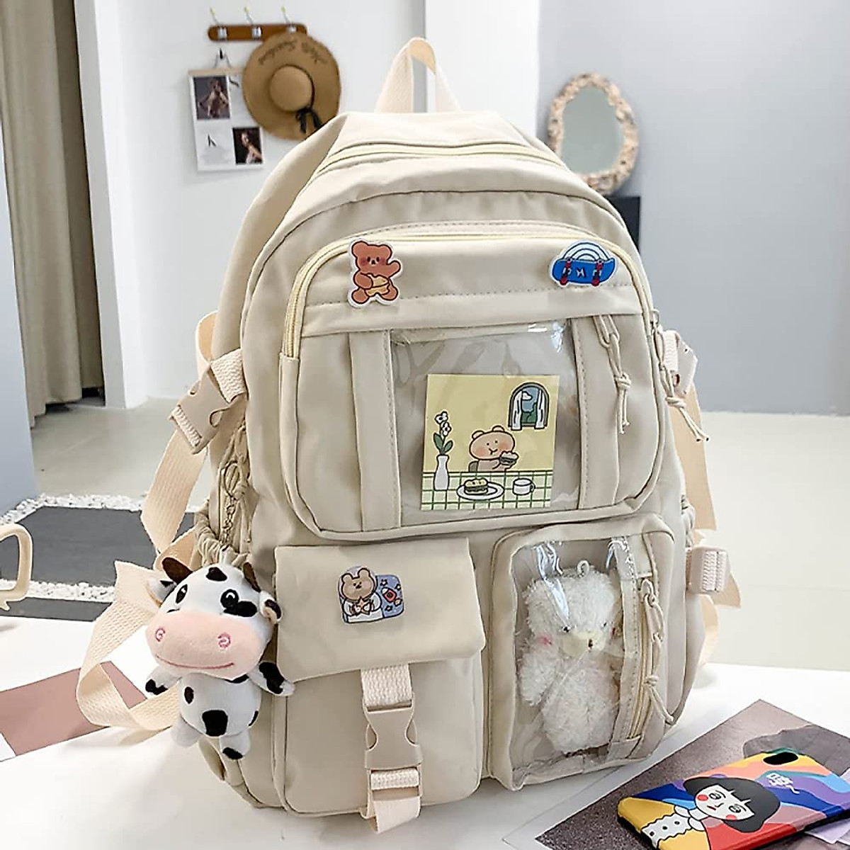 Thanps Kawaii Backpack with Cute Pin Accessories and Plush Pendant Cute Aesthetic Backpacks for School Bag Girl Backpack (Beige)