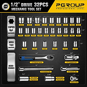 pgroup 1/2 inch Drive 8mm-32mm Metric socket set, 32-piece Mechanic Tool Socket Ratchet Wrench Set, for Auto Repairing & Household