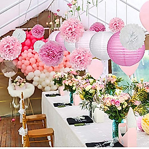 15Pcs Party Pack Paper Lanterns and Pom Pom Balls Hanging Decoration for Wedding Birthday Baby Shower-Pink/White