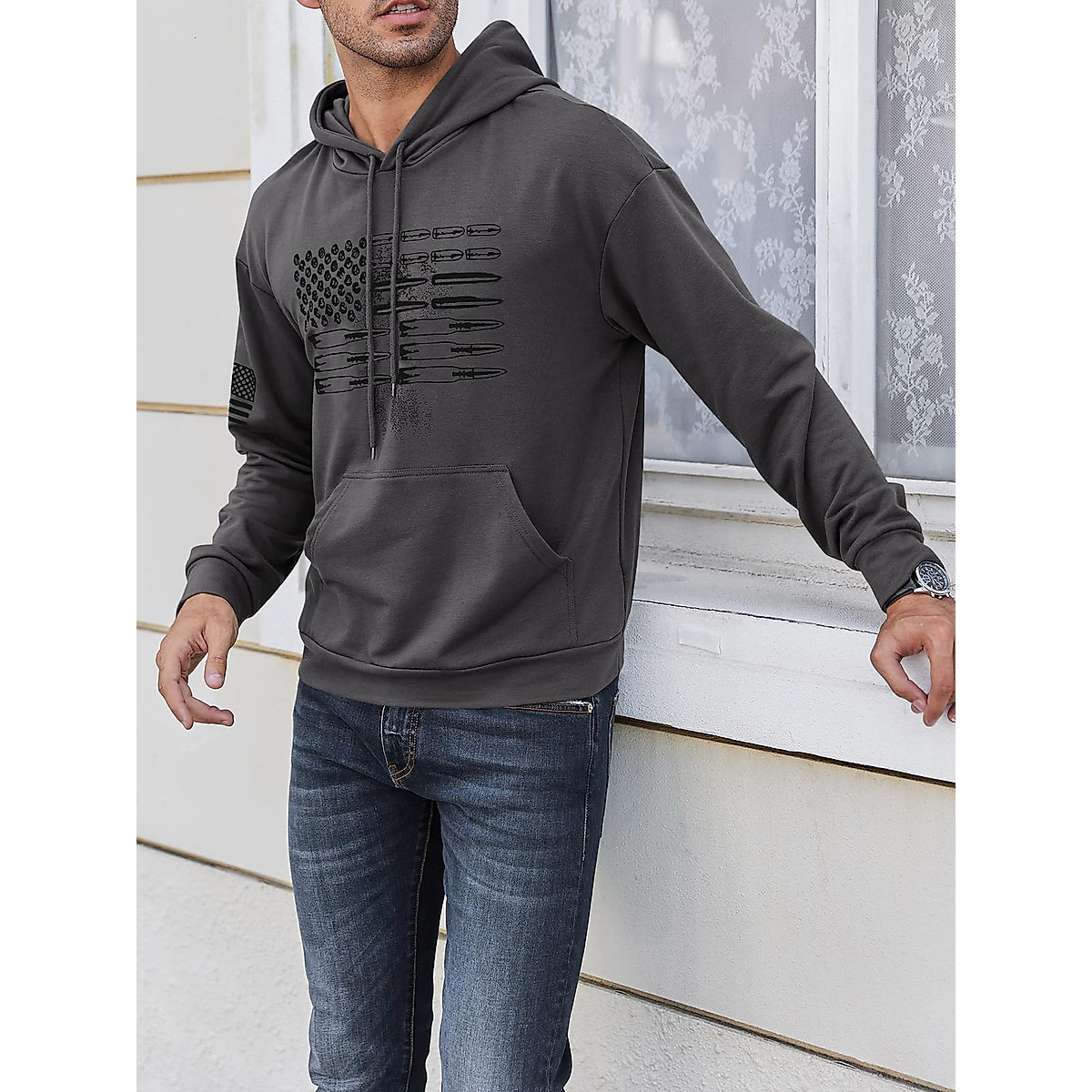 Vdnerjg Mens Hoodies Long Sleeve American Flag Graphic Drawstring Hooded Pullover Sweatshirts Grey