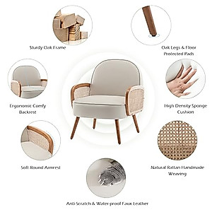 SHINEBOOM Accent Chairs Rattan Comfy Upholstered Modern Arm Chair for Living Room Reading Bedroom Balcony Faux Leather Chair, Beige