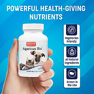 Agaricus Bio 300mg for Canines and Felines, Beta Glucan Mushroom Pet Supplement to Boost Critical Immune Defense & Cellular Health, Antioxidant Powder, Energy Support for Old Dogs and Cats, 60 caps