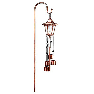 Collections Etc Solar Copper-Colored Lantern on Shepherd's Hook with Bells Wind Chime, Beautiful Light for Entryway or Pathway