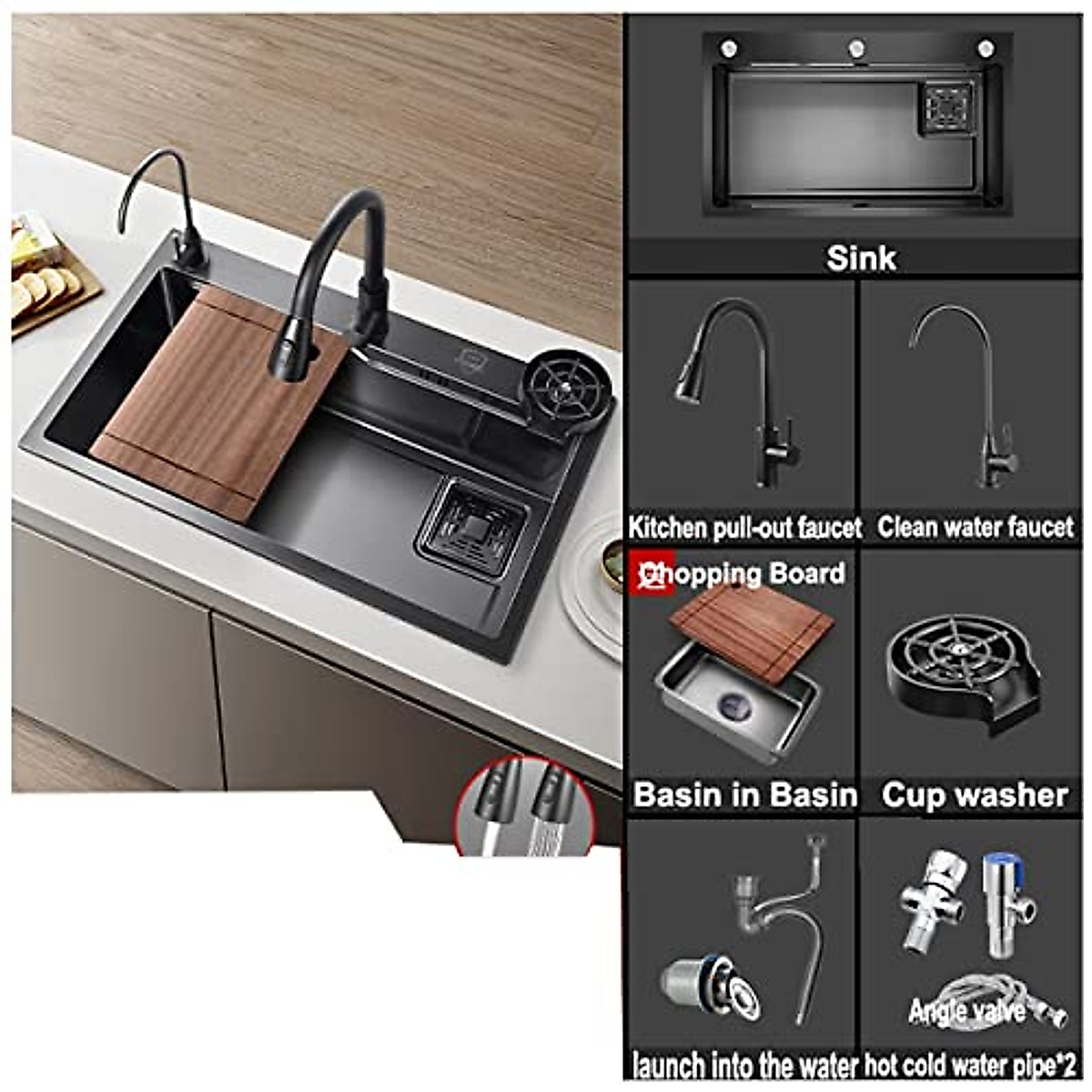 Outdoor Sink, Single Bowl Undermount Kitchen Sink 60x45CM 75x45CM Workstation Stainless Steel Bar Sinks with pull faucet and Cutting Board, Fits Kitchen Cabinet, Commercial Sink (Size : 75x45CM/29.5x