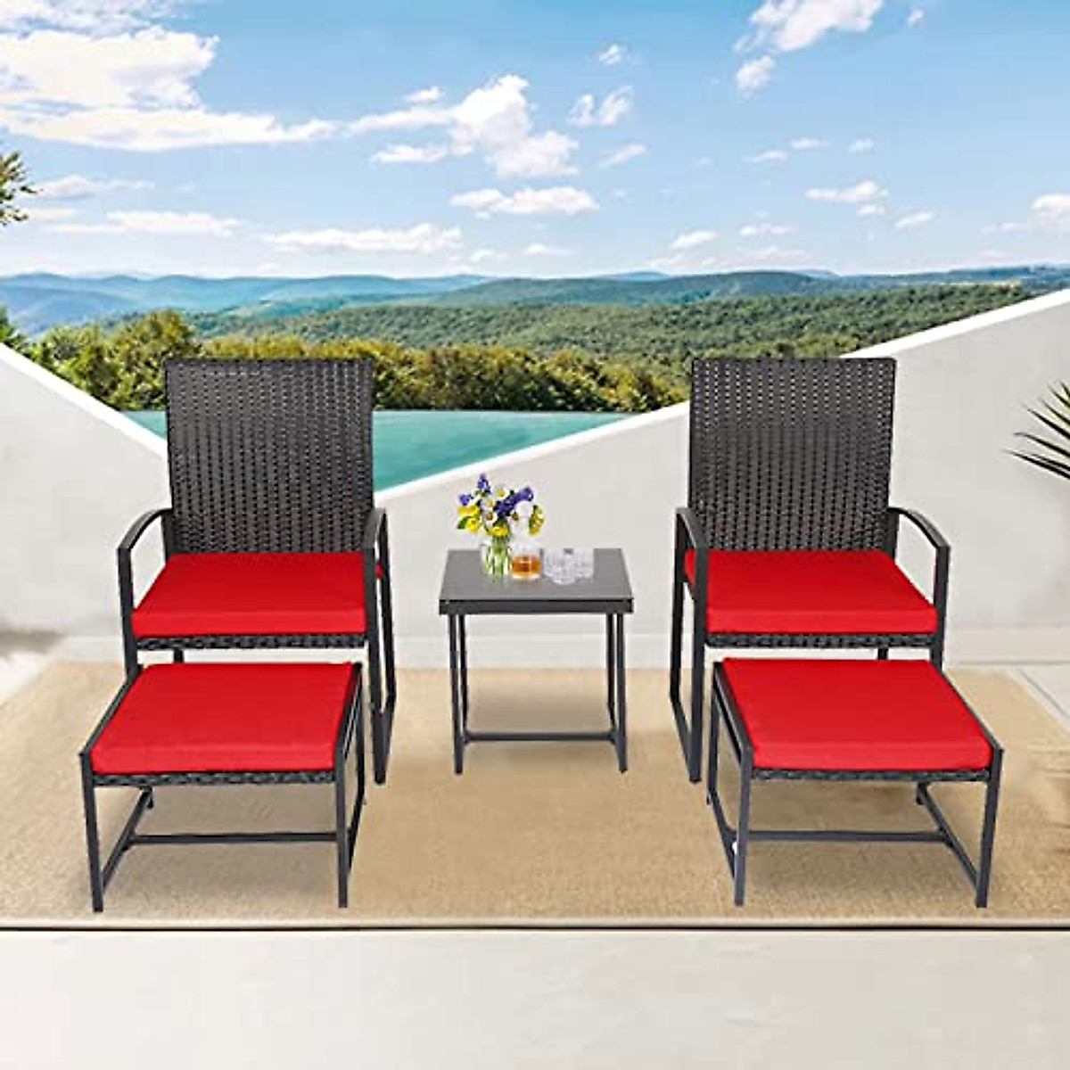J-SUN-7 5-Piece Patio Furniture Set, Outdoor Wicker Rattan Conversation Set with Ottoman & Glass Coffee Table,for Garden,Patio,Balcony,Beach,Red