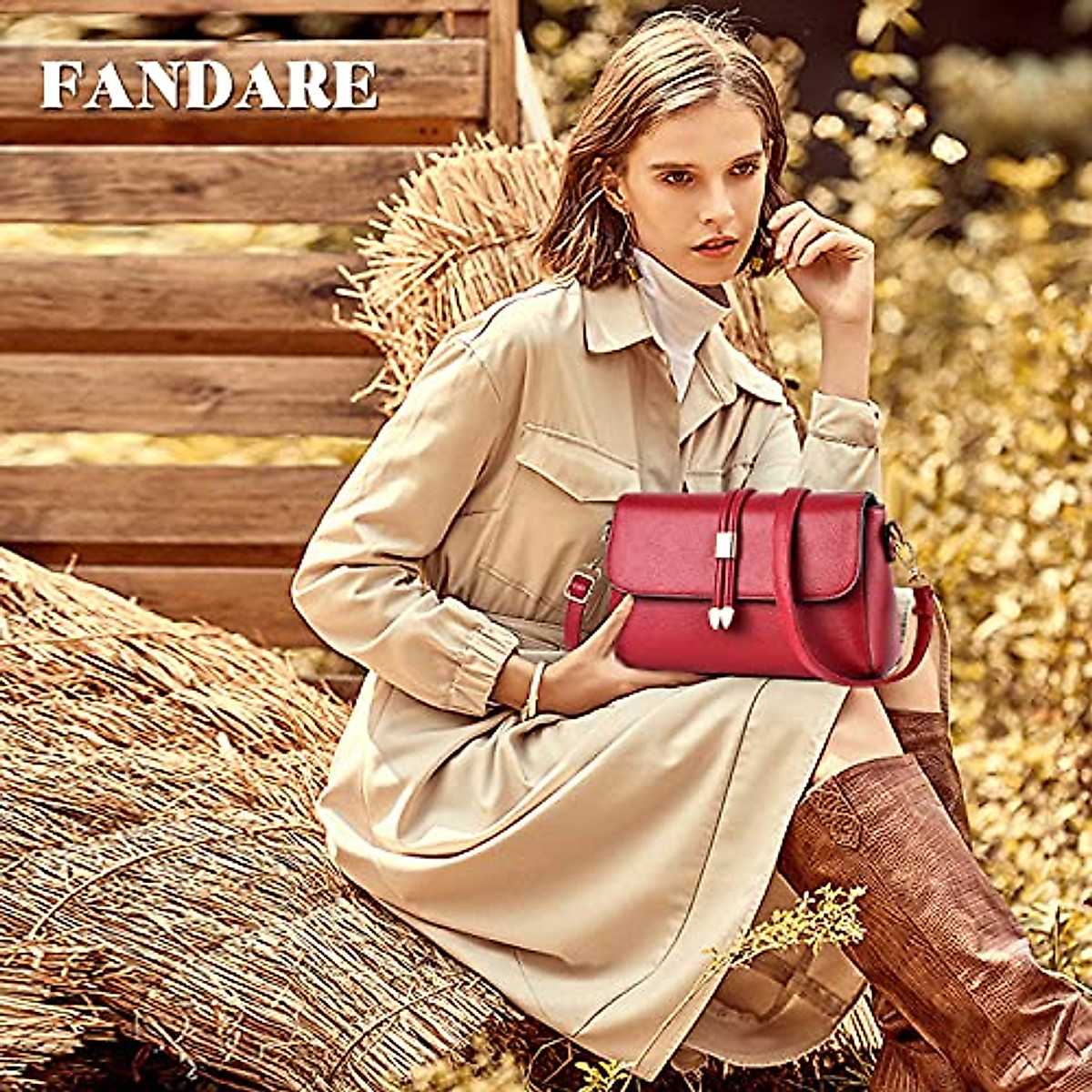 FANDARE Ladies Shoulder bag Womens Crossbody Bag Women Business Satchel Messenger Bag Travel Shopping Cross-Body Handbags Waterproof PU Leather Red