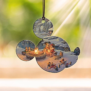 Disney – Mickey and Minnie Mouse - Christmas Lodge – Thomas Kinkade Studios - 4” x 3.5” Mickey Ear Shaped Hanging Acrylic Print – Officially Licensed Collectible