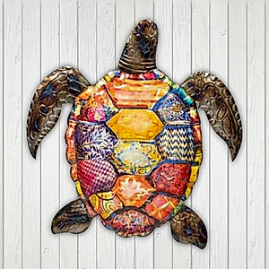 Metal Wall Art Sea Turtle Indoor Outdoor Tropical Wall Sculpture Decor Metal Beach Turtle Art (14 in x 14 in)
