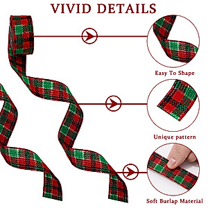 Whaline 10 Rolls 50 Yards Christmas Burlap Ribbon Rolls 1 Inch Wired Plaid Wrapping Ribbon Xmas Decorative Ribbon for Wreath Bow Gift Decor